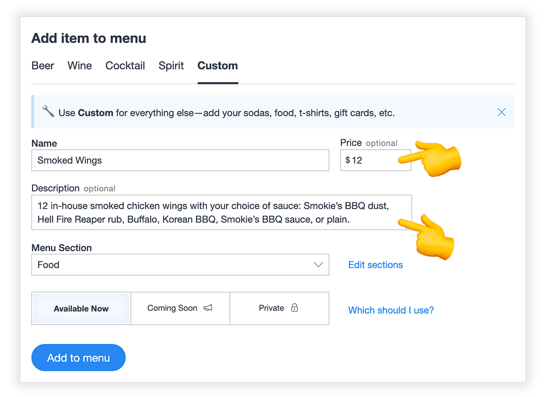 Create a bar menu with one click beer and wine descriptions