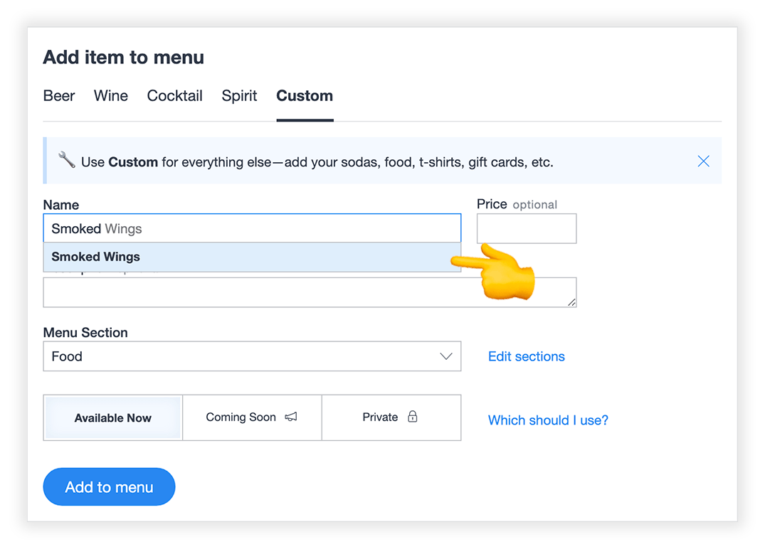 Create a bar menu with one click beer and wine descriptions