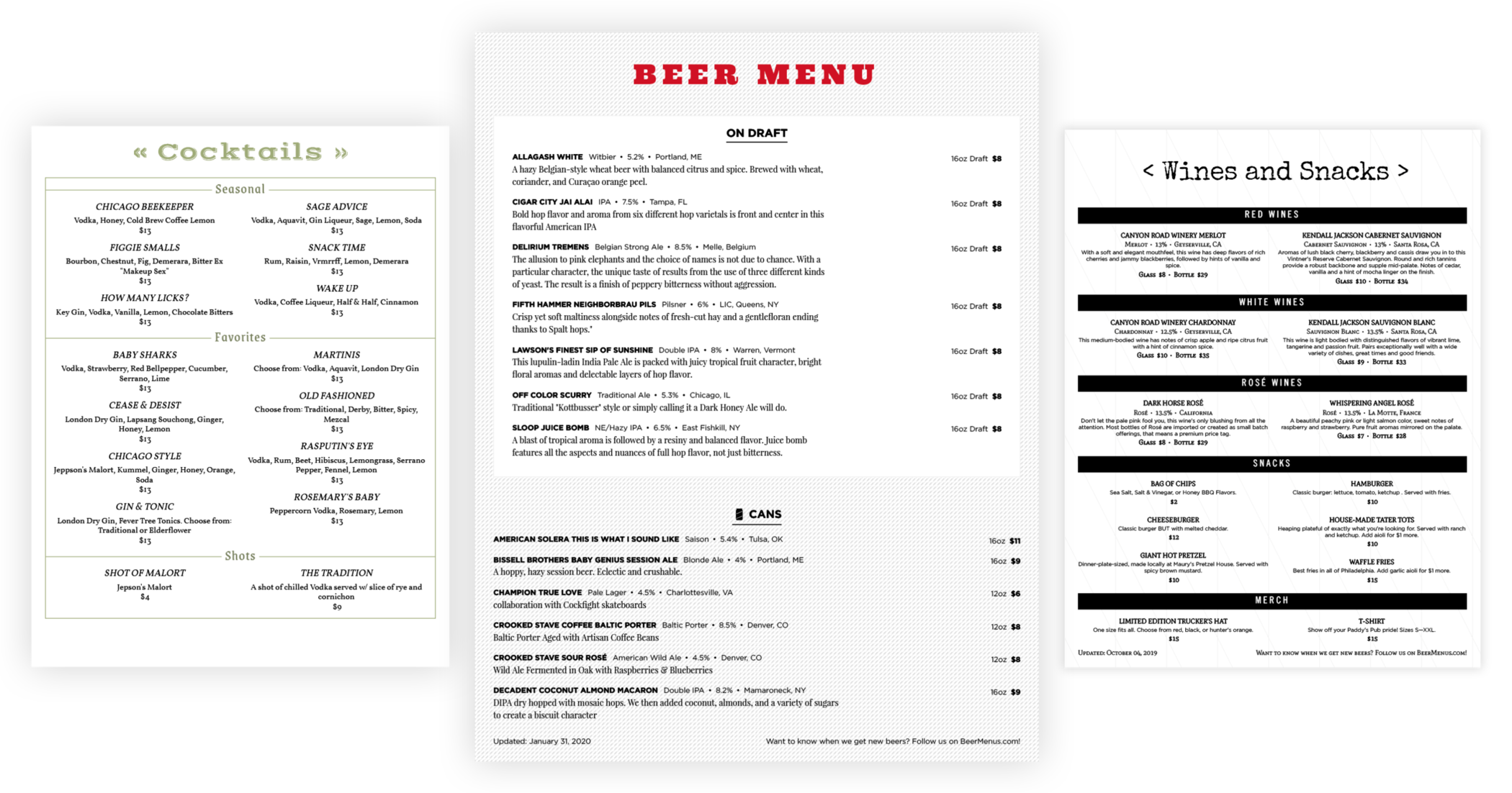 Create a drink menu with one click beer and wine descriptions