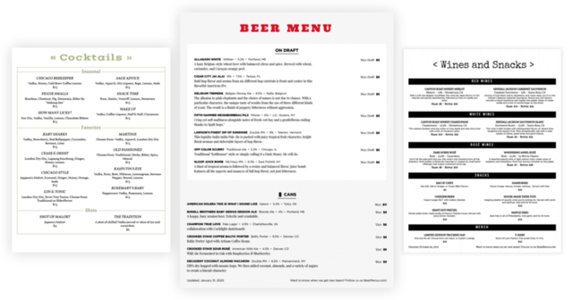 Create a bar menu with one click beer and wine descriptions
