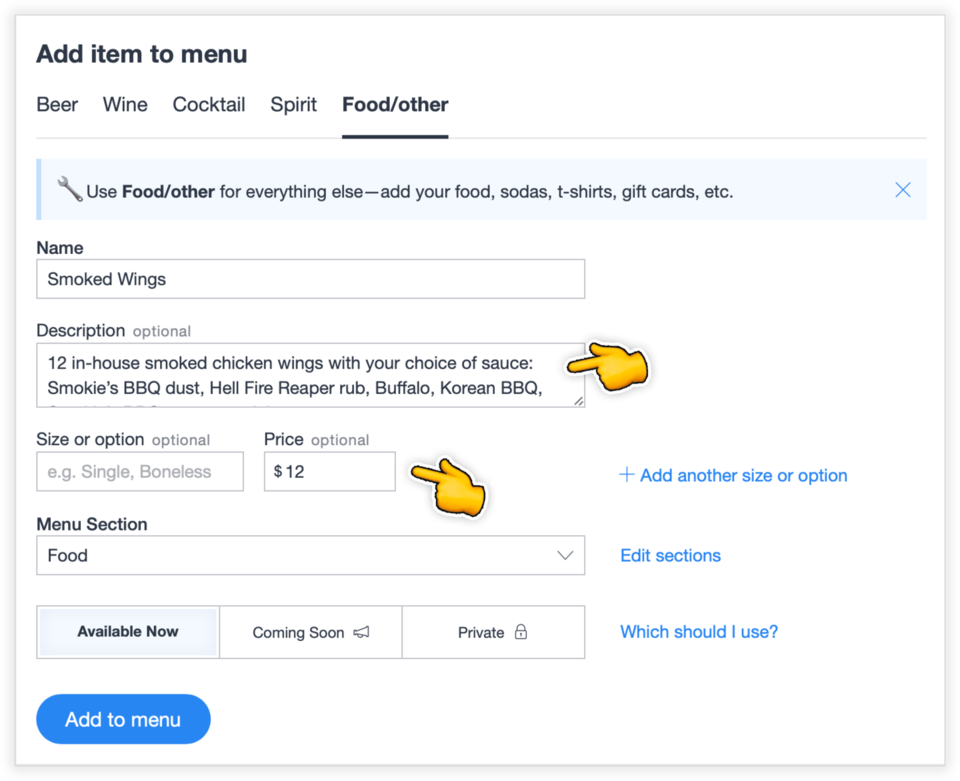 Create a bar menu with one click beer and wine descriptions