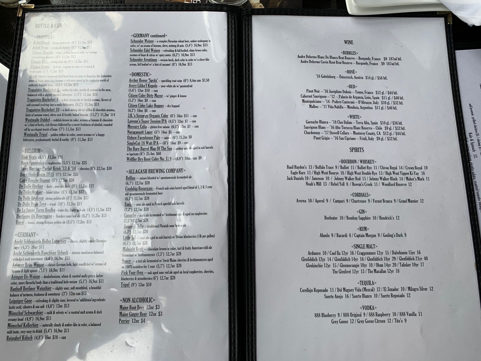 Create a bar menu with one click beer and wine descriptions